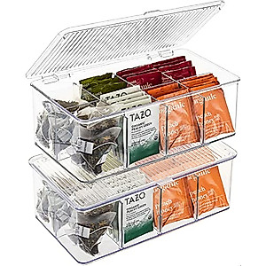 Sorbus 2 Pack Tea Bag Organizer Bins w/Lids & 4 Removable Dividers, Clear Plastic Food Packet Snack Organizer, Stackable Pantry Organization, Kitchen Storage, Fridge Bins, Sturdy Cabinet Organizers