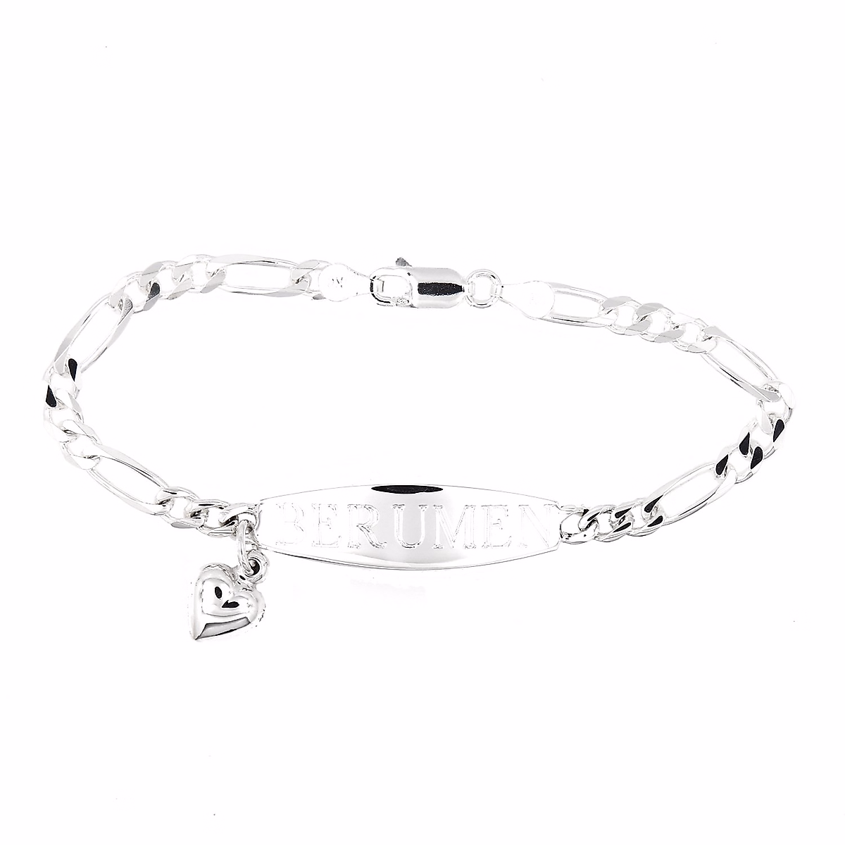 LGU Sterling Silver Polished Dangle Heart Id Identification Engravable Bracelet for Adult (8 Inches)