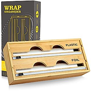Wizsofer 2 in 1 Foil and Plastic Wrap Organizer, Bamboo Plastic Wrap Dispenser with Cutter and Labels, Plastic Wrap, Wax Paper, Aluminum Foil Organization and Storage for Drawer, Fits with 12" Roll