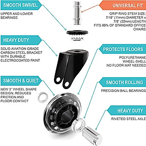 Office Chair Caster Wheels, Rubber Chair Casters Replacement, 3 Inch Heavy-Duty Computer Gaming Desk Caster Wheels Smooth & Safe Rolling for All Floors Including Hardwood and Carpet, Set of 5