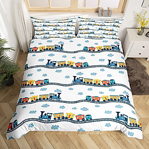 Erosebridal Cute Steam Engine Bed Sets for Kids Toddlers Kawaii Train Comforter Cover Construction Vehicles Duvet Cover Queen Cartoon Railway Bedding Set Boys Car Theme Bedspread Cover 3pcs