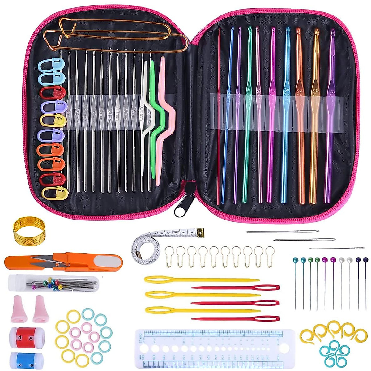 AFSTEE 109Pcs Crochet Hooks Set, Knitting Supplies Crochet Kit for Beginners with Case, Multicolor Aluminum Ergonomic Yarn Knitting Needles Sewing Tools Crochet Accessories