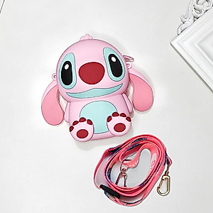 Stitch Crossbody Bag with Adjustable Shoulder Strap,ANEIMIAH Lilo and Stitch Birthday Gifts for Girls Women Kawaii Purse Cute Pink Silicone Mini Anime Stich Coin Wallet Stich Cartoon Bag