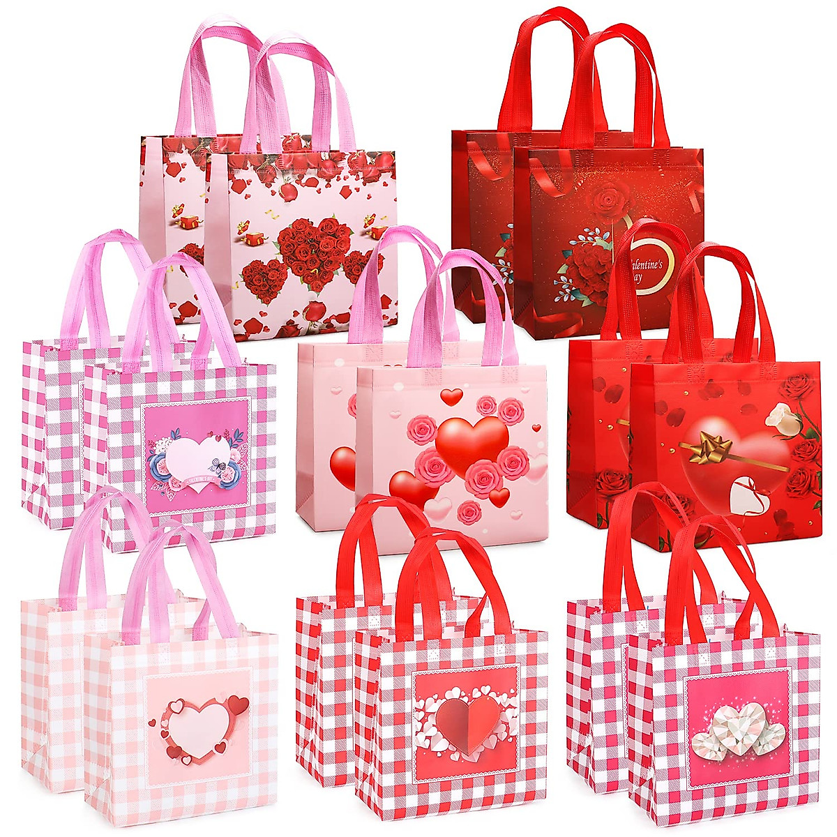 16PCS Happy Valentines Day Reusable Gift Bags, Treat Bags with Handles, Valentines Day Party Bags, Multifunctional Non-Woven Valentines Bags for Gifts Wrapping, Valentines Party Supplies, 8.7×9.2×4.3inch