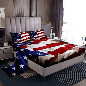 Erosebridal United States Sheet Set Teens American Flag Fitted Sheet Full, Blue Red Bedding Set Geometric Stripes Bed Sheet with Deep Pocket, 4 Pcs with 1 Fitted Sheet, 1 Flat Sheet, 2 Pillow Cases
