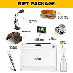 Reptile PC Glass Terrarium - Amphibians Tank Starter Kits, Acrylic Anti Breakage 12x9x7 inch, Top Sliding Door Screen Ventilation Mini Habitat Cages, Hygrometer, Hide Cave, Vines, Tweezer, Sprayer