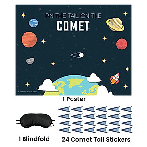 Sparkbuzz Creations Pin the Tail on the Comet Space Themed Party Game, 27'' x 21'', Includes Eye Mask and 24 Tails