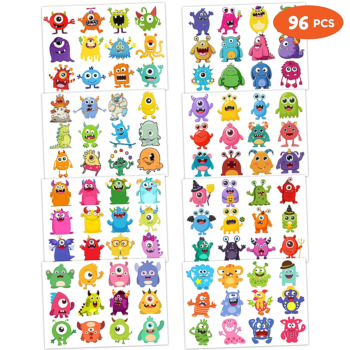 Monster Temporary Tattoos for Kids, 96PCS Birthday Party Decorations Supplies Party Favors Supper Cute Little Monster Tattoo Sticker Style Gift Ideals for Boys Girls Schools Prizes Themed