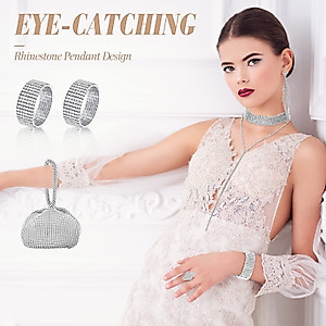 6 Pieces Women Rhinestone Jewelry Set Rhinestone Choker Stretch Bracelets Dangle Earrings Crystal Necklace Ring Rhinestone Handbag for Wedding Party (Silver)