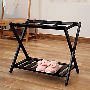 Guest Room Luggage Rack, Folding Suitcase Stand Luggage Rack, Solid Wood Multifunctional Clothes Rack Foldable 2 Tiered Suitcase Rack with Easy Assembly for Hotel Apartment (Color : Black, Size : 60x5