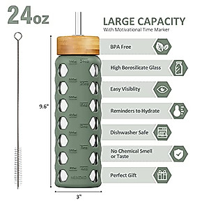 MUKOKO 32oz Glass Water Bottles with 2 Lids-Handle Spout Lid&Bamboo Straw Lid, Motivational Water Tumbler with Time Marker Reminder and Silicone Sleeve, Leakproof-Olive-1 Pack