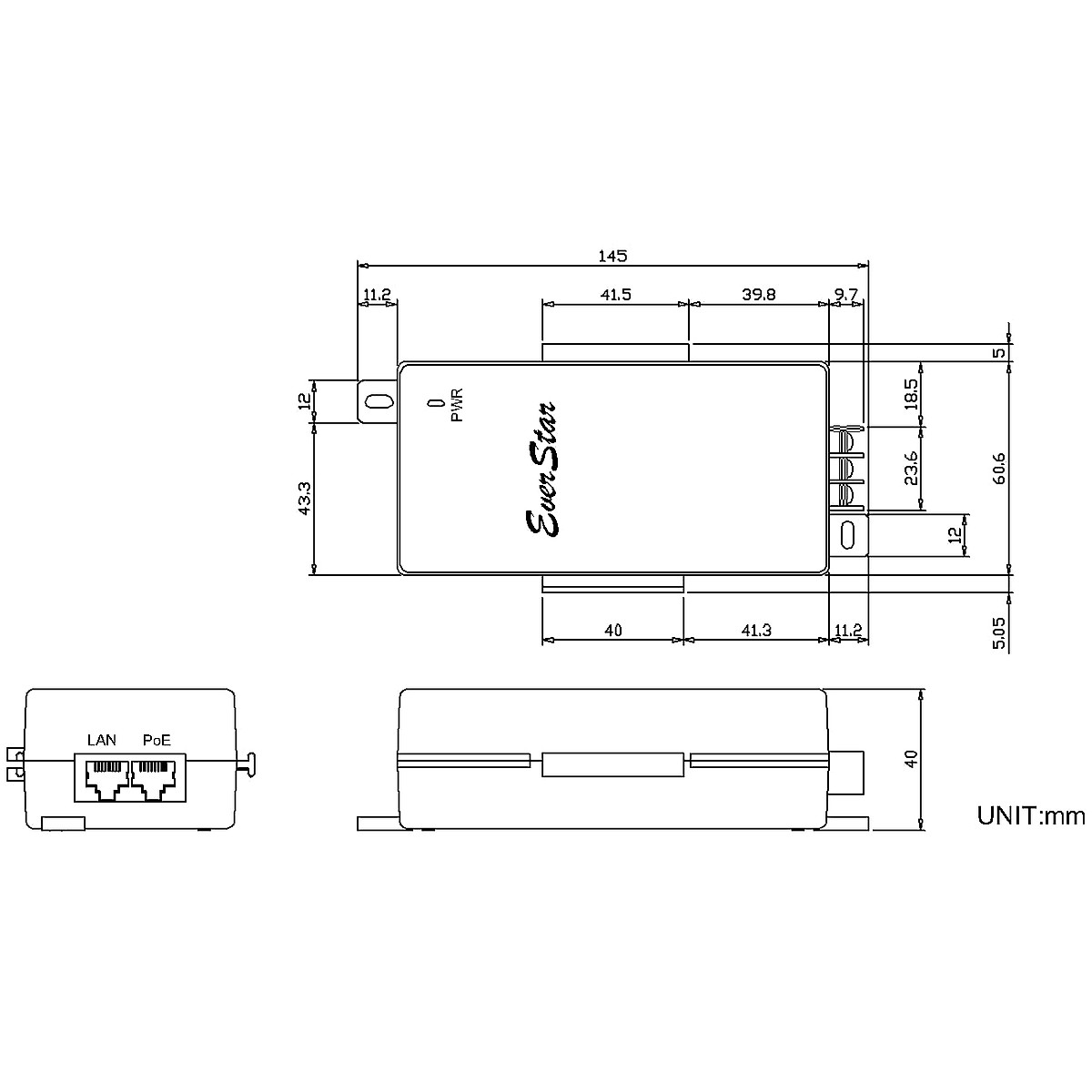 EverStar iPoE-65W55GDM Gigabit | 18-36V DC in | 55VDC/1.18A 65W PoE++ Out | DC-DC Converter + Passive Mode A&B Solar PoE++ Injector for AirFiber AF-24_24HD_5/5U_11FX, AXIS Cameras | Black