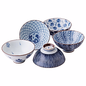 Mino Ware Japanese Pottery Set - Traditional Japanese Rice Bowls - Blue and White Asian Bowls - Hand Painted Bowls - Premium Japanese Ceramic - 5 pieces Japanese Soup Bowl Set