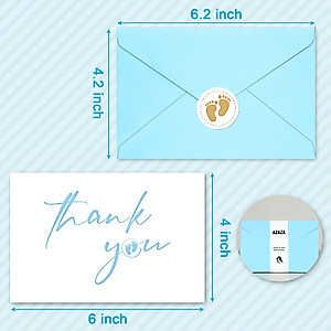 AZAZA Baby Shower Thank You Cards with Envelopes Footprint Liners, 30pcs Baby Boy Blue Thank You Cards 4x6, Thank You Note and Gold Stickers for Baby Gift Sets (Blue Envelopes & White Cards)