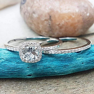 Dazzlingrock Collection 5 MM Round Aquamarine & Diamond Halo Wedding Ring Set in 14K White Gold, Size 7