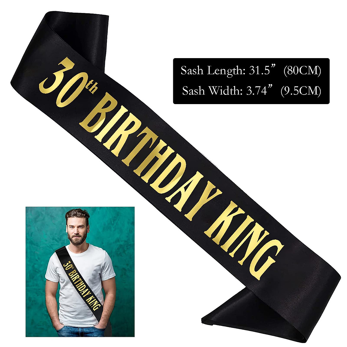 MUMUNN 30th Birthday King Sash, Gold Foil Black Satin Birthday Sash for Men 30th Fabulous Birthday Party Gift Decorations Favors