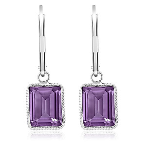 Gem Stone King 5.00 Cttw 925 Sterling Silver Purple Amethyst Earrings | Gemstone Birthstone | Emerald Cut 10X8MM | Drop Dangle Earrings for Women