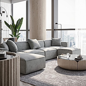 Acanva Luxury Modular Sectional Living Room Sofa Set, Modern Minimalist Style Couch with Ottoman and Chaise, U-Shape, Chenille Grey