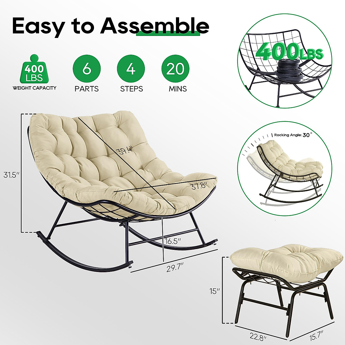 PORWEY Patio Rocking Papasan Chair, Outdoor & Indoor Egg Reading Chair, Oversized Royal Comfy Cozy Lounge Rocker Recliner with Large Cushion, Steel Frame and Ottoman for Bedroom, Living Room,Beige