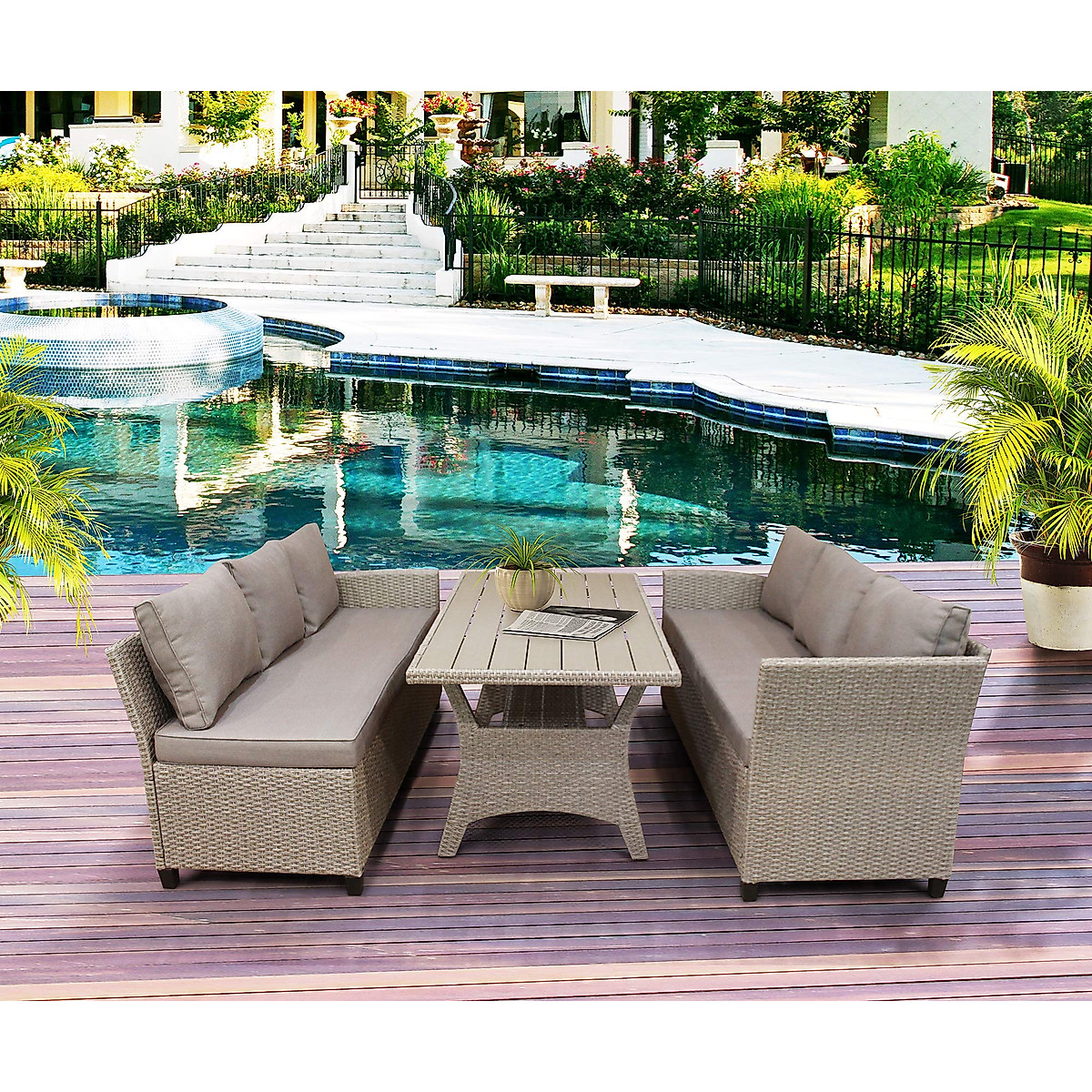 Goohome Outdoor Patio Furniture Set, L-Shaped All-Weather Weaving PE Wicker CoversationSet Sectional Sofa w/Table and Comforty Water-Resistant Cushions, for Patios, Backyards, Garden