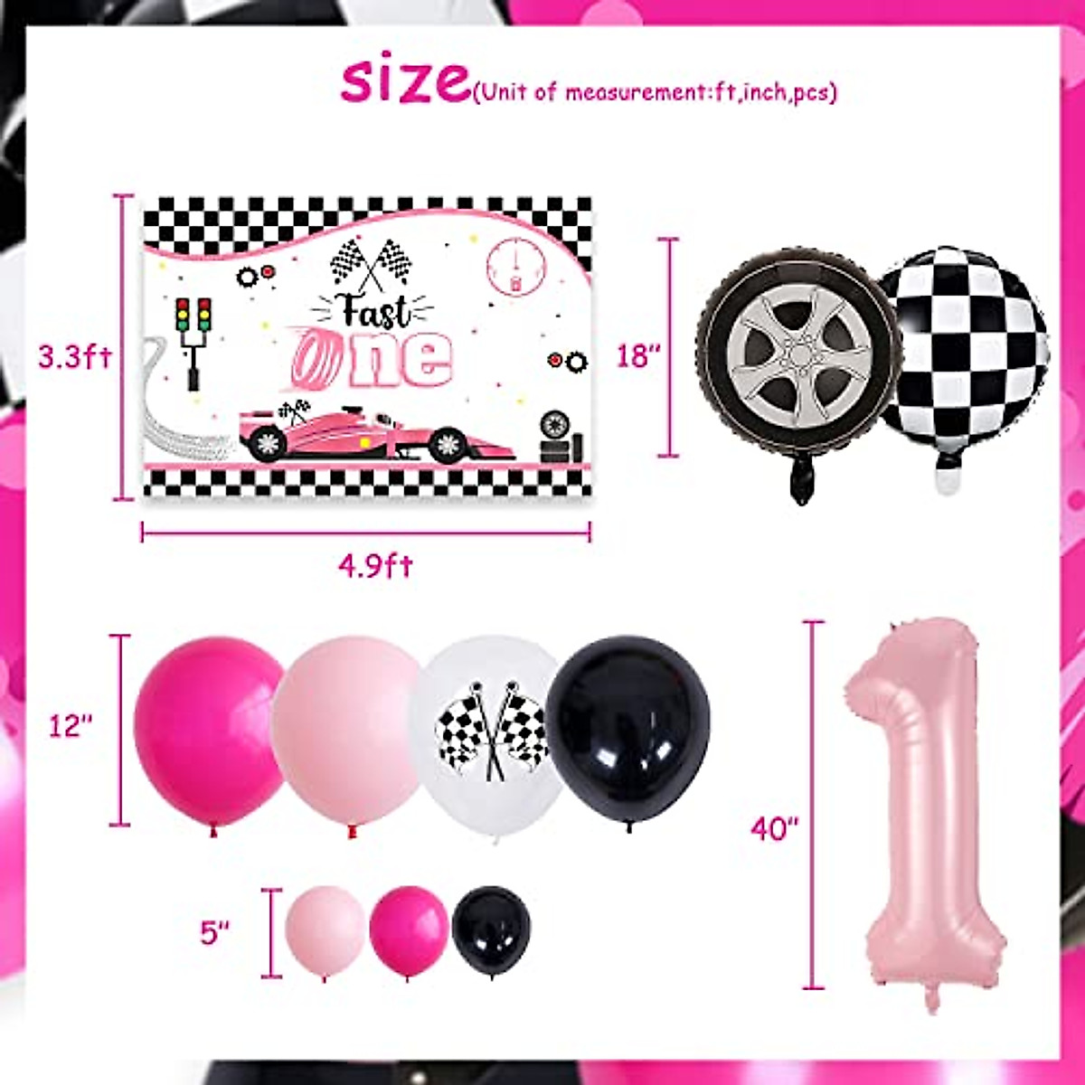 72Pcs Racing Car Theme Birthday Party Decorations for Girls, Pink Racing 1st Birthday Decoration, Fast One Backdrop Pink Black Balloon Garland Kit for children Race Car 1st Birthday Party Supplies