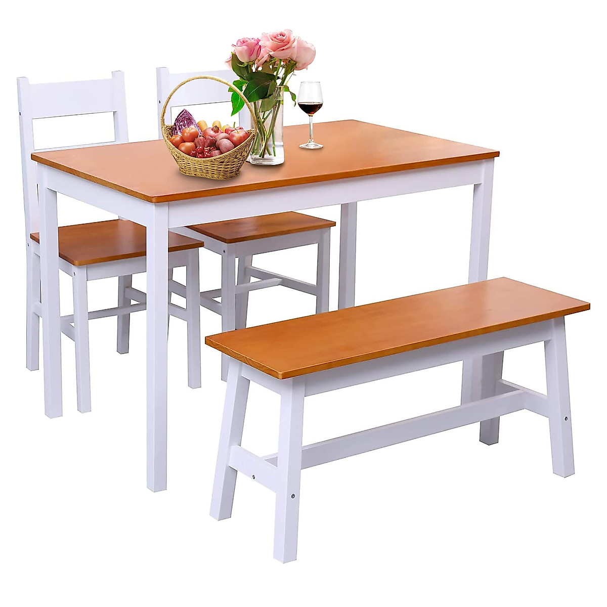 Alohappy Dining Table Set for 4, Solid Wood Kitchen Table with 2 Chairs and Bench, 4-Person Space-Saving Dinette Table for Kitchen, Dining Room, Sturdy Structure Easy Assembly Orange + White