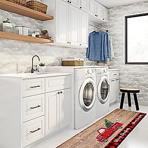 Runner Rugs And Mats 1 Pcs, Merry Christmas Red Truck with Xmas Tree Rustic Old Wooden Red Black Plaid Non Slid,Absorbent Kitchen Rug,Rubber Dots Backing Indoor Door Mat,Standing Mat 18x47.2 Inch