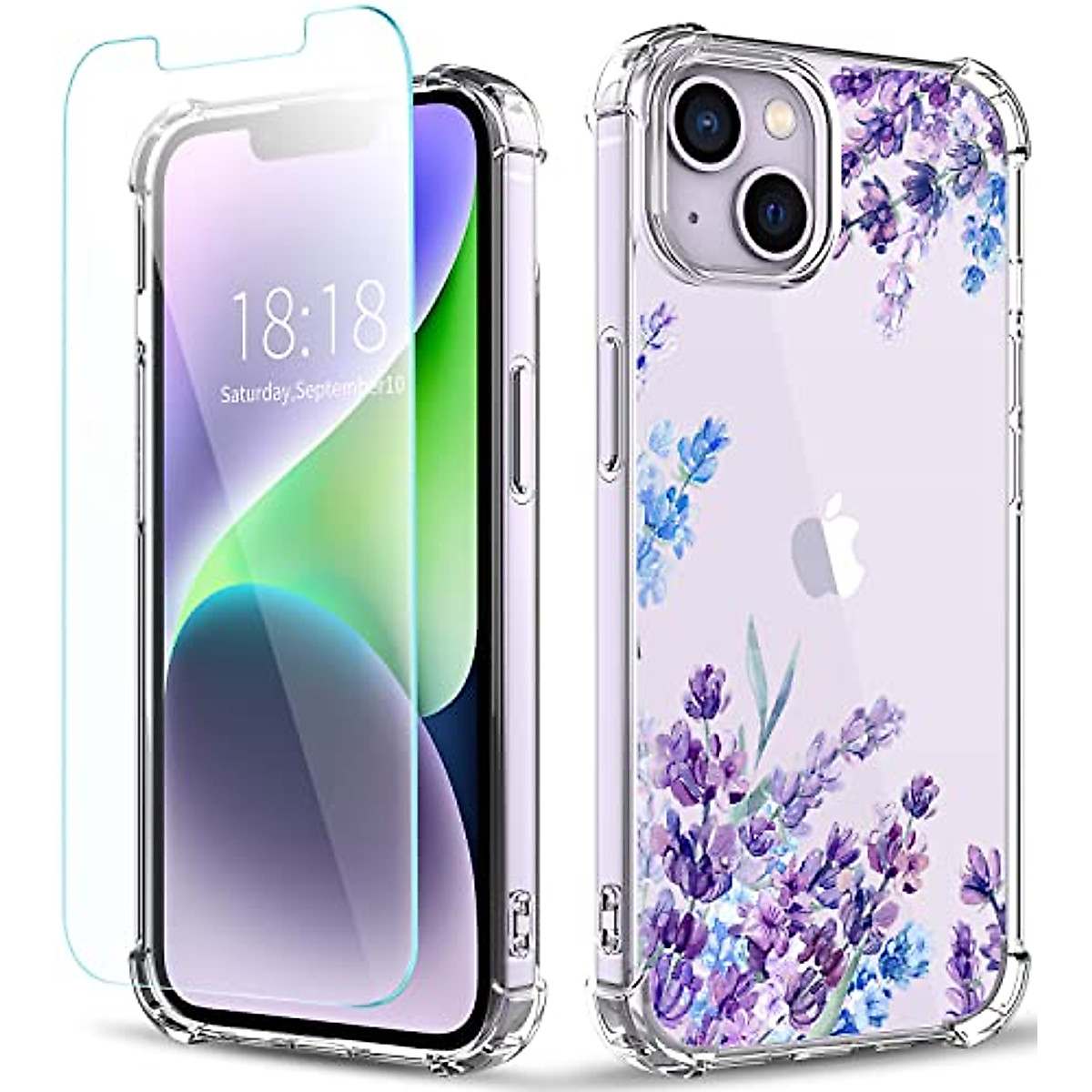 YOYORI Compatible with iPhone 14 Case with Screen Protector, Flower Pattern Design, Floral Clear Women Phone Case Shockproof Protective Soft TPU Bumper Cover 6.1 Inch 2022(Lavender/Purple)