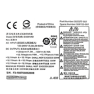 Ptcliss 320W 503377-001 Power Supply Unit PSU Replacement for HP MT 6000 6005 6200 6300 8000 8200 Z200 Pro Micro Tower P/N:503378-001 702306-002 702454-001 508154-001 611483-001 613746-001 611484-001