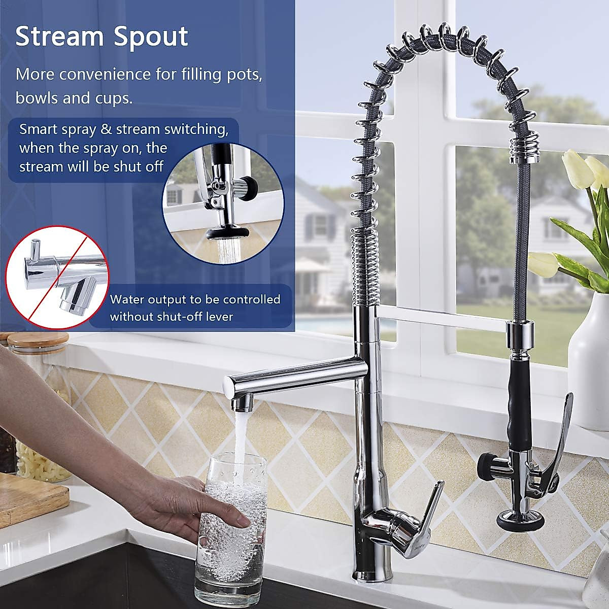 Commercial Kitchen Faucet with Pull Down Sprayer and Kitchen Soap Dispenser, Brass High Arc Pre-Rinse Tall Modern Single Handle Spring Kitchen Sink Faucet with Pull Out Spray, Chrome