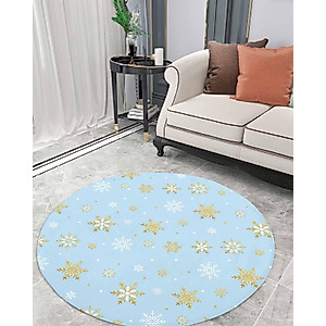 Snowflake Blue Fluffy Round Area Rug Carpets 3.3ft, Plush Shaggy Carpet Soft Circular Rugs, Non-Slip Fuzzy Accent Floor Mat for Living Room Bedroom Nursery Winter Christmas Contemporary Gold White