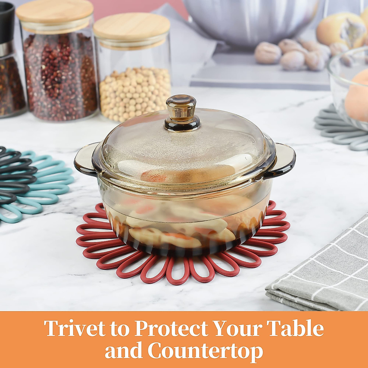 Kalsreui Trivets for Hot Dishes, Silicone Trivet Hot Pads for Kitchen Counter, Carved Silicone Trivets for Hot Pots and Pans, Heat Resistant Mat for Quartz, Teal Round Silicone Trivets Mats Pack 6