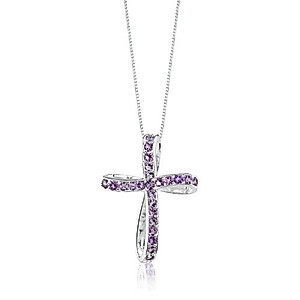 PEORA Amethyst Cross Pendant Necklace for Women 925 Sterling Silver, Natural Gemstone, 1.25 Carats total, with 18 inch Chain