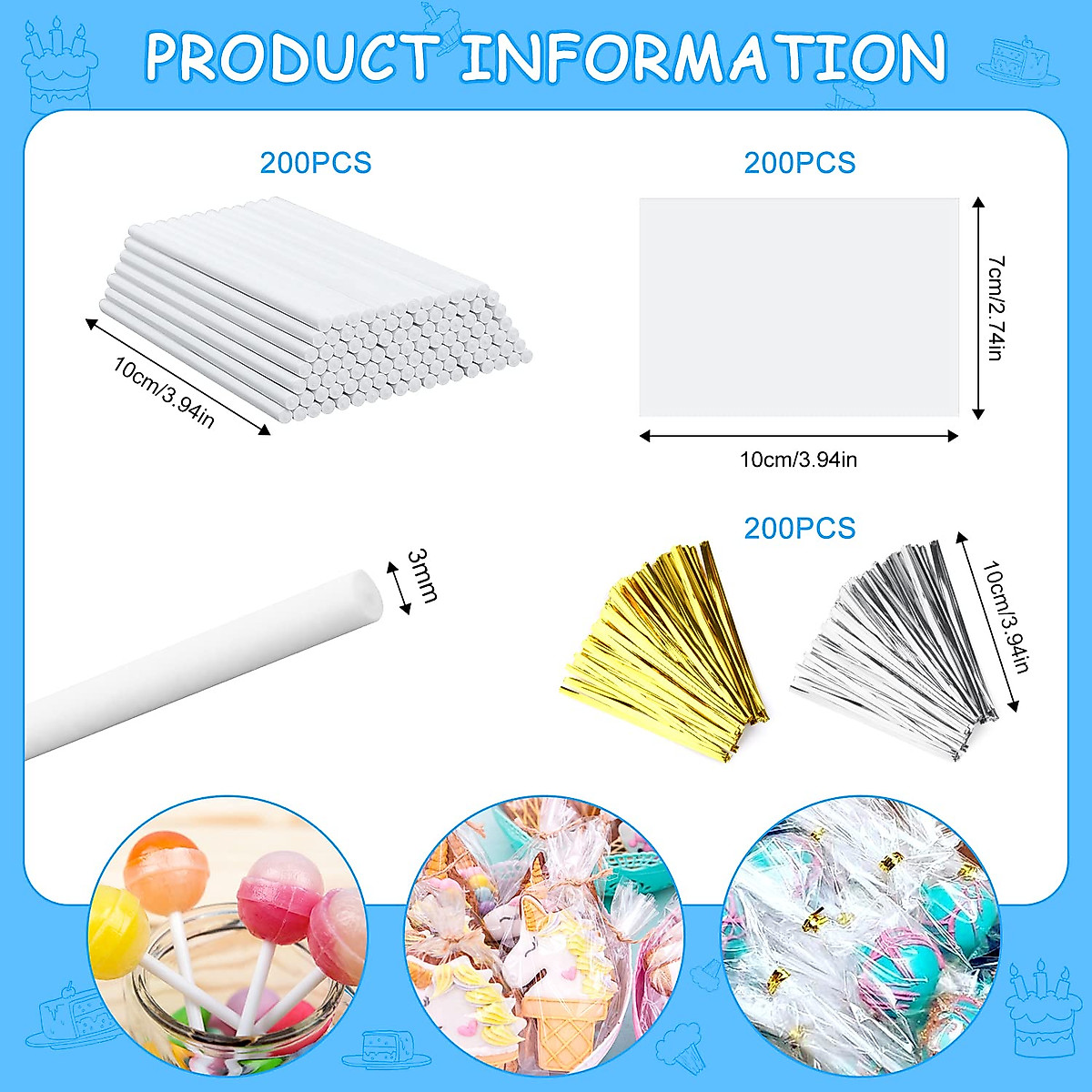 WXJ13 601 Pieces Lollipop Cake Pop Treat Bag Set including 200 Parcel Bags 200 Lollipop Sticks 200 Twist Tie, and 1 Cookie Meatball, Cake Pops Making Tools for Candies, Chocolates and Cookies