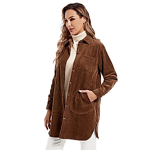 Minibee Women's Corduroy Shirt Coats Long Sleeve Button Down Blouses Tops with Pockets Coffee M