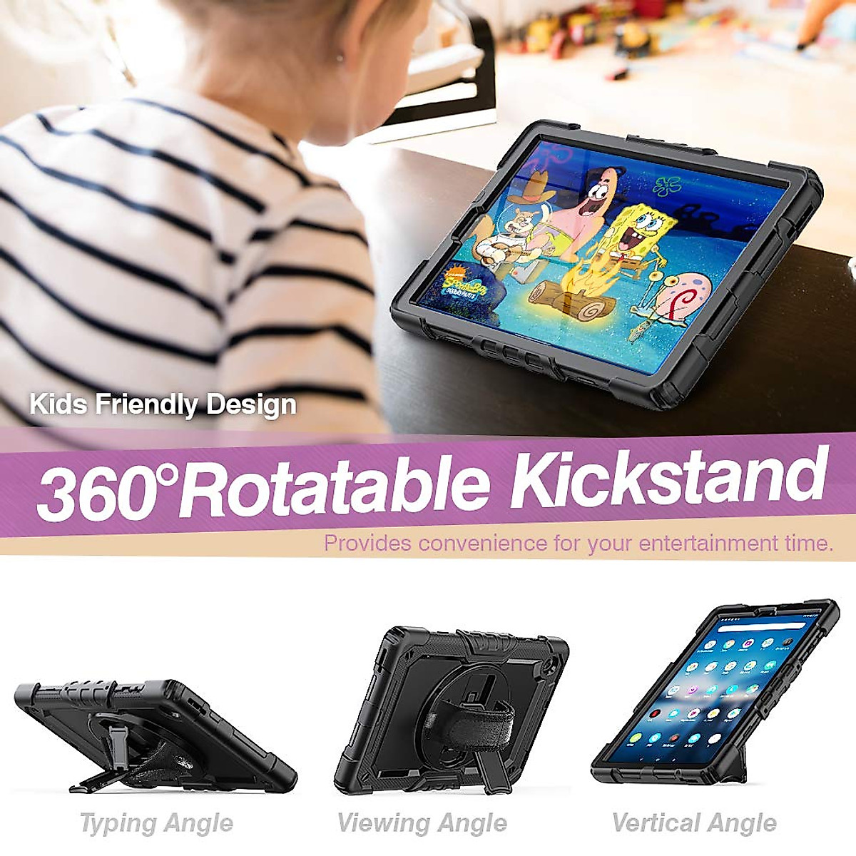 Case for Lenovo Tab M11 TB-331FC with Screen Protector Pen Holder | Herize Lenovo Tab M11 Case with 360 Rotating Kickstand Hand Grip Shoulder Strap | Black