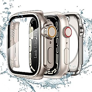 (2 in 1) Tensea for Waterproof Apple Watch Screen Protector Case Series 9 8 7 45mm【Apple Watch Ultra Style Case】, iWatch Protective Face Cover Look Like Ultra with Tempered Glass Film for Women Men