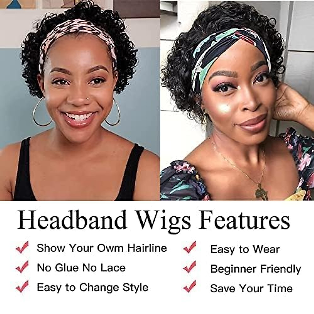 Short Headband Wig Human Hair Wigs for Black Women Put on and Go Glueless Wig Short Curly Headband Wigs 150% Density Natural Black Pixie Cut Wig Human Hair 6 Inch