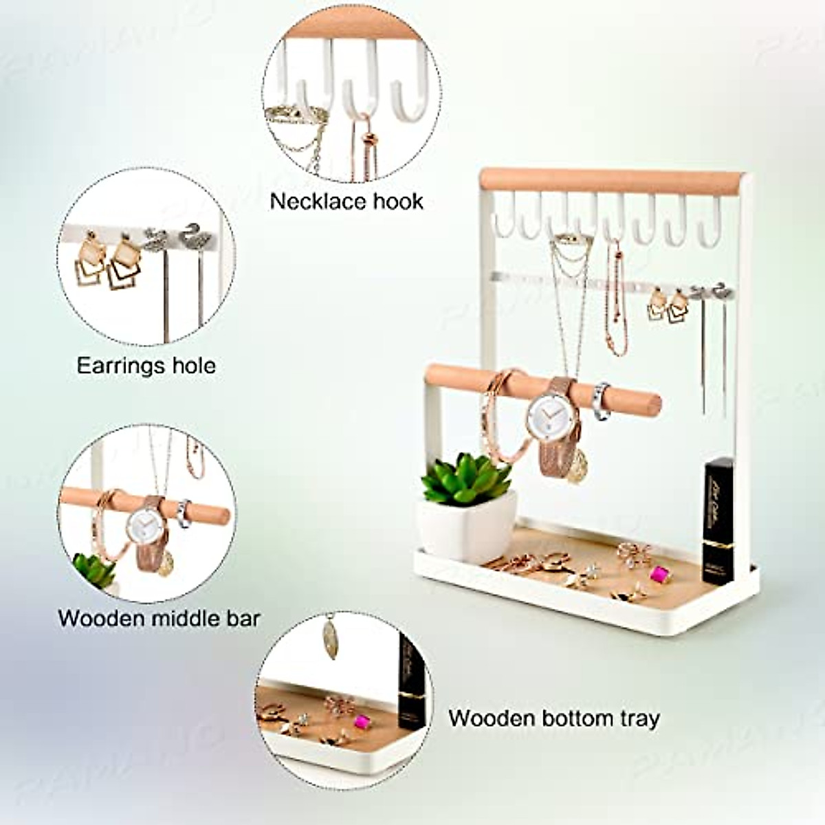 PAMANO Jewelry Organizer Necklace Stand Holder, 4-Tier Hanging Wooden Ring Earring Tray, 8 Hooks Necklaces Storage 12 Earring holes, Bracelets, Rings & Watches Display On Desk Tabletop - White