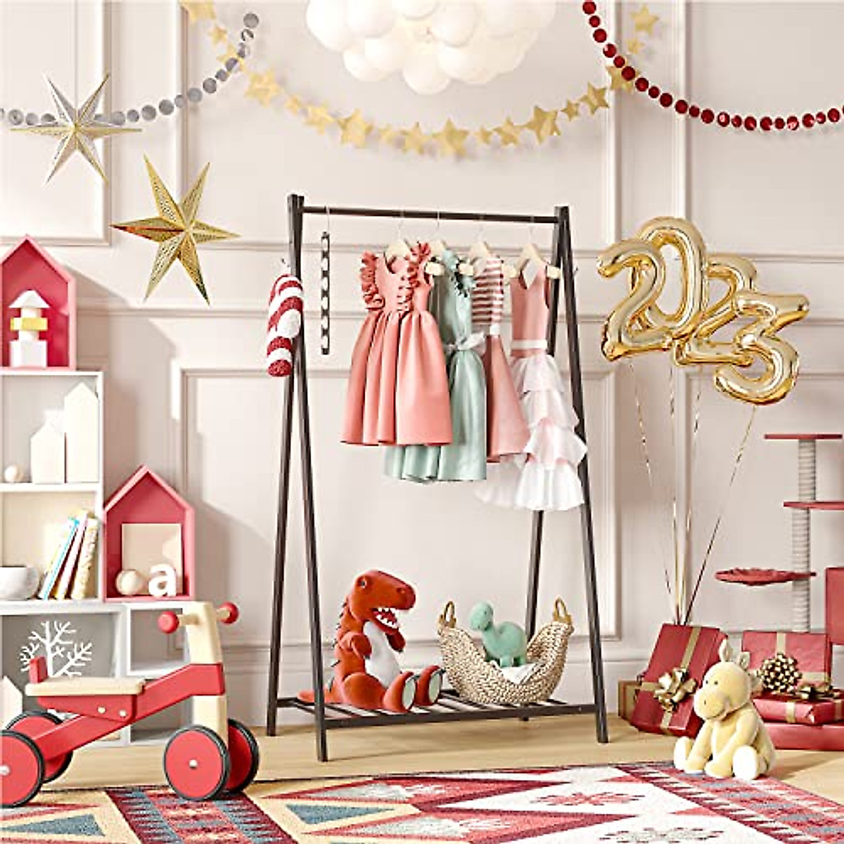 Bestier Kids Clothing Rack, Kids Garment Rack with Storage Shelf, Steel Costumes Clothes Hanging Rack, Small Clothes Rack with Hooks, Black