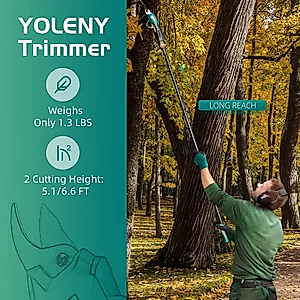 YOLENY Electric Pruning Shears, Cordless Pruning Shears with 5.1/6.6 Ft High Telescopic Pole, Lithium Battery Powered, with Safety Protection, Green