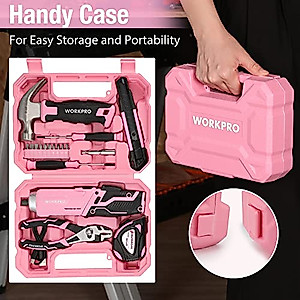 WORKPRO Pink Tool Set with 3.7V Rotatable Electric Screwdriver, 18PCS Portable Ladies Home Tool Kit with Toolbox, Cordless Electric Screwdriver Kit, Household tool kit for Dorm, Apartment -Pink Ribbon