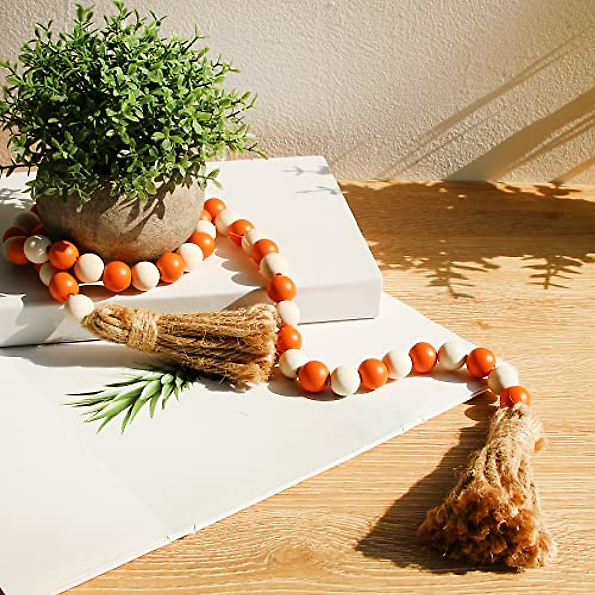 Meplait Wood Bead Garland,39in Farmhouse Beads with Tassels Boho Beads for Tiered Tray Decorative Beads Home Decor（Orange & Natural）