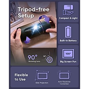 NOMVDIC R150 Mini Projector, Portable Battery Operated Projector with 4hrs of Playtime , Ceiling Projector with 90˚ Rotating Lens, 6W Harman Kardon Speaker, Auto Keystone