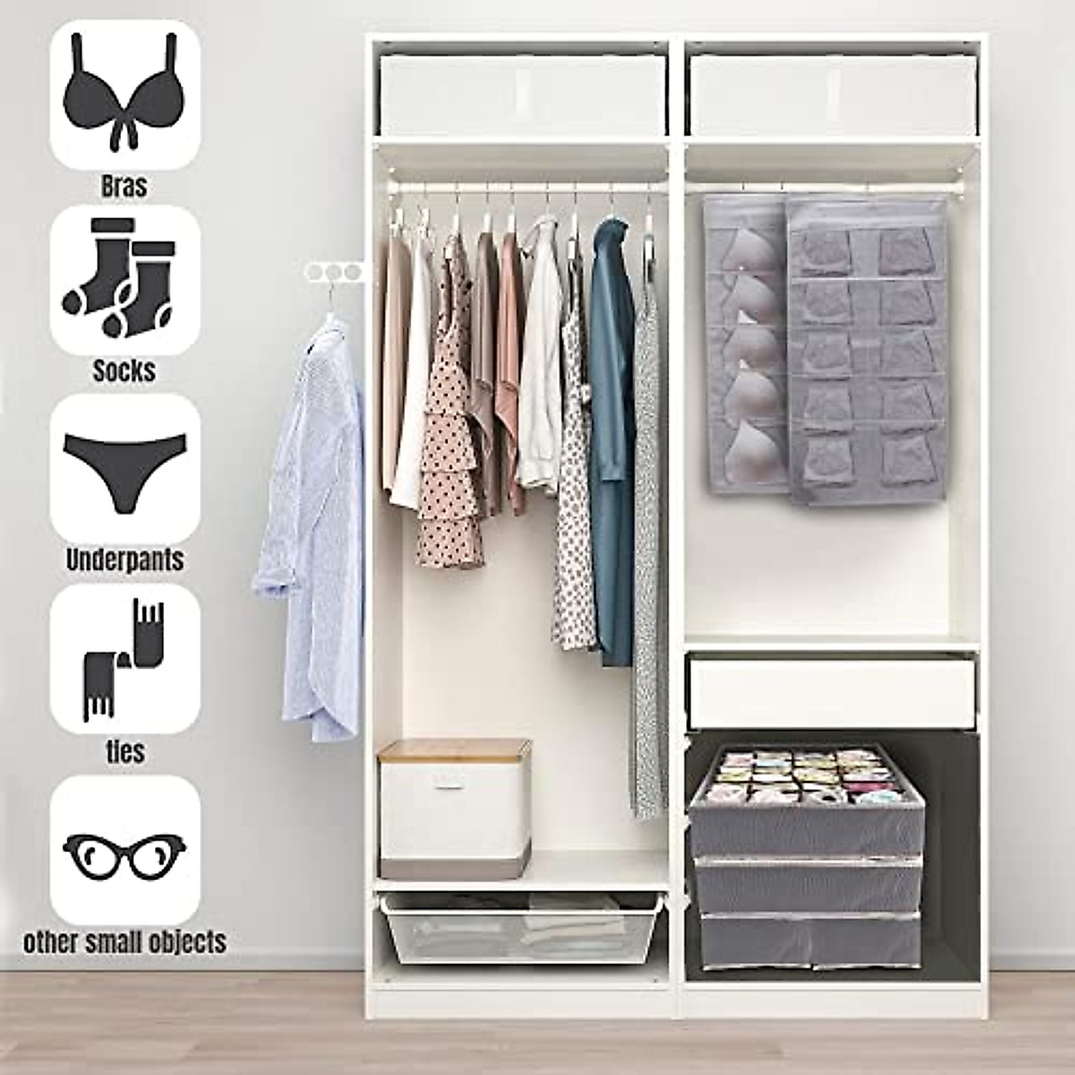 5pcs Underwear Drawer Organizers Divider Foldable Cabinet Closet Hanging Bag, Wardrobe Storage Box for Clothes, Socks, Ties, Belts(Grey)