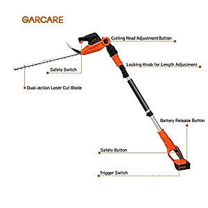 GARCARE Cordless Pole Hedge Trimmer, 2 in 1 Electric Telescopic Hedge Trimmers Long Reach with 20V 4.0Ah Battery and Quick Charger (20inch Cutting Blade Length, 3/4inch Cutting Capacity, 1200rpm)