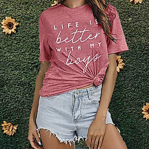 Funny Women Saying Shirt Life is Better with My Boys Summer Mama Athletic Tees Graphic Printed Beach Tee Tops, Red S