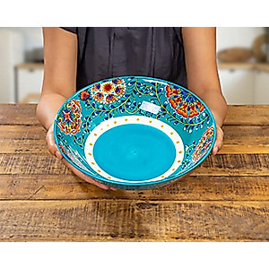 MICROWAVE SAFE Holiday Christmas DInner Ceramic Large Serving Bowl Pasta Bowl Fruit Bowl Salad Bowl Party Holiday Bohemian Talavera Spanish Influenced Design (Turquoise)