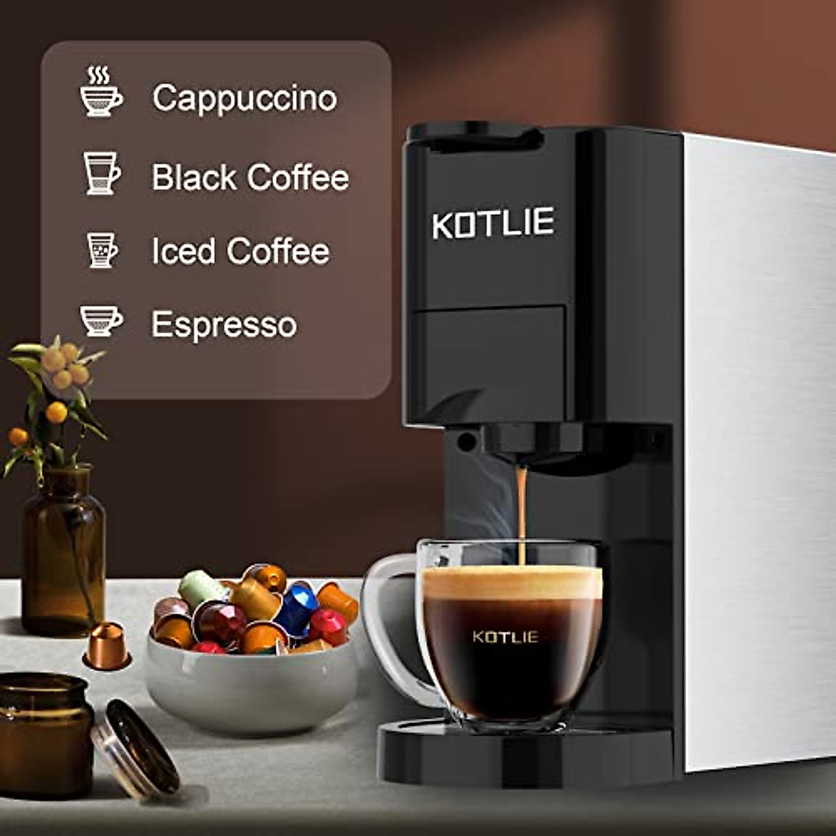 KOTLIE Latest Single Serve Coffee Maker,4in1 Espresso Machine for K-Cup/Nespresso Original/Ground/ESE Capsule Pod,3 Pods,2 Bowl,2oz to 10oz Cup, 28oz Removable Water Tank,19 Bar,1450W