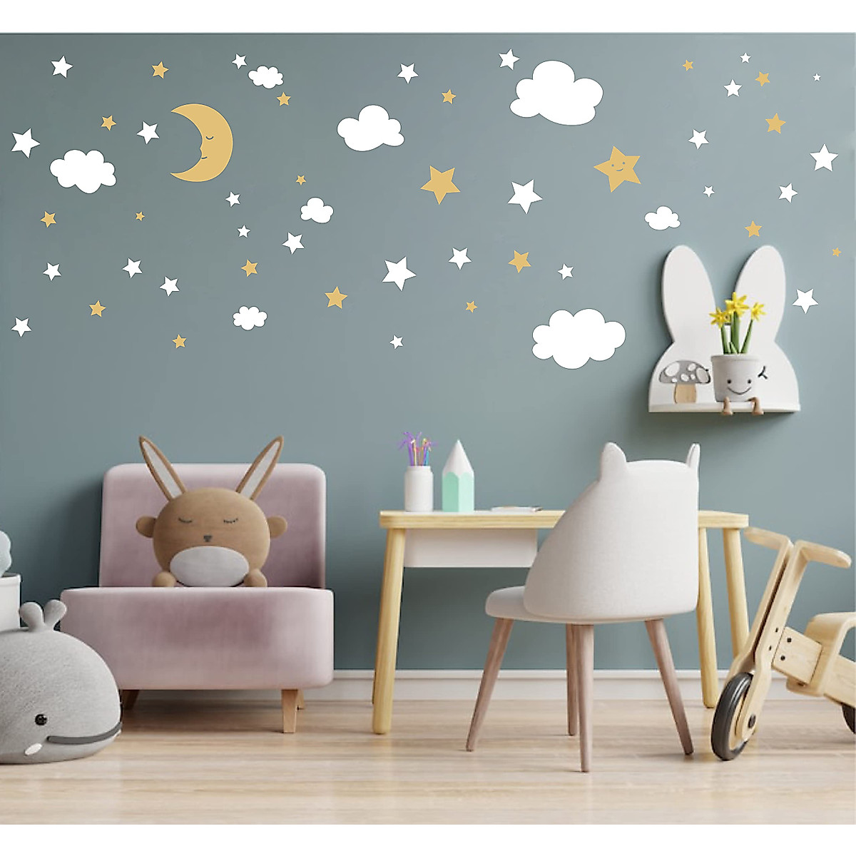 Crescent Moon Stars and Clouds Wall Decals Moon and Stars Nursery Wall Stickers Starry Sky Playroom Decor Kids Rooms Mural Kids Room Wall Art Y59 (White,Gold)
